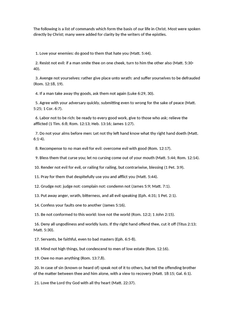 A list of commands which form the basis of our life in Christ | PDF ...
