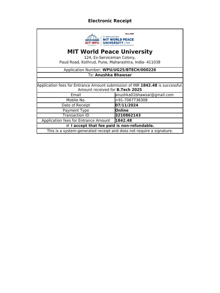 Acknowledgement Receipt WPU UG25 BTECH 000226 | PDF