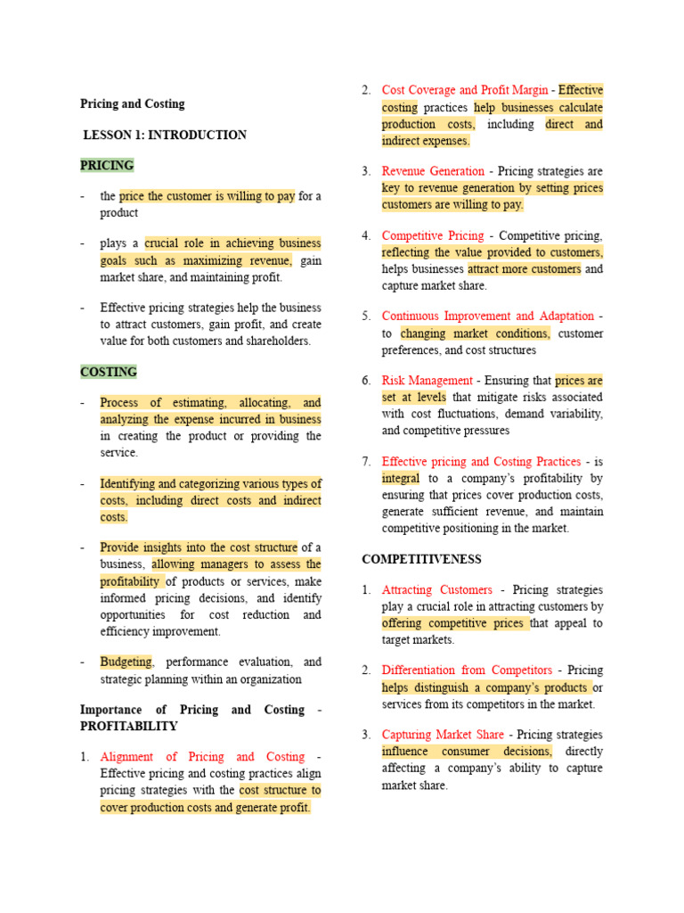 Pricing and Costing Lesson 1: Introduction Pricing | PDF | Pricing ...