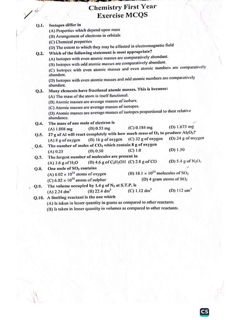 Chemistry 1st Year (Mcqs+Short Q+Long Q) | PDF