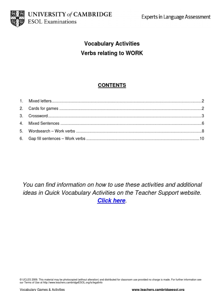 Vocabulary Activities - Work Verbs | PDF | Word Search | Marketing