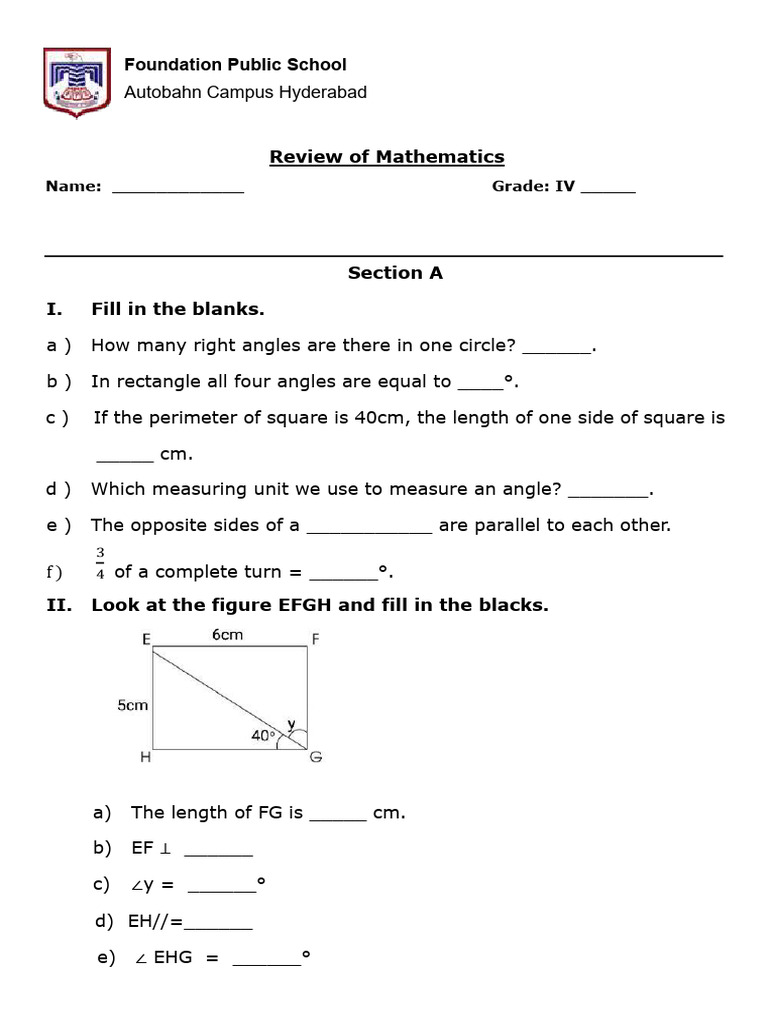Grade IV Math Review (Answer Key) | PDF | Euclid | Geometric Measurement