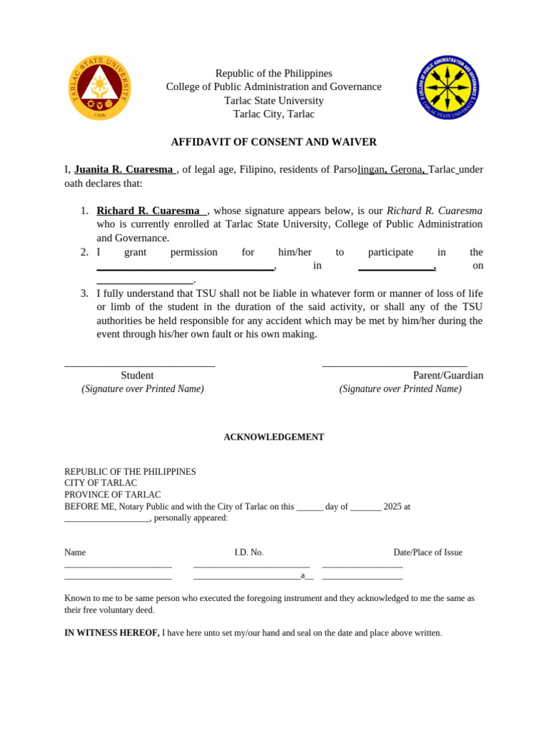 Parental Consent Affidavit for TSU | PDF