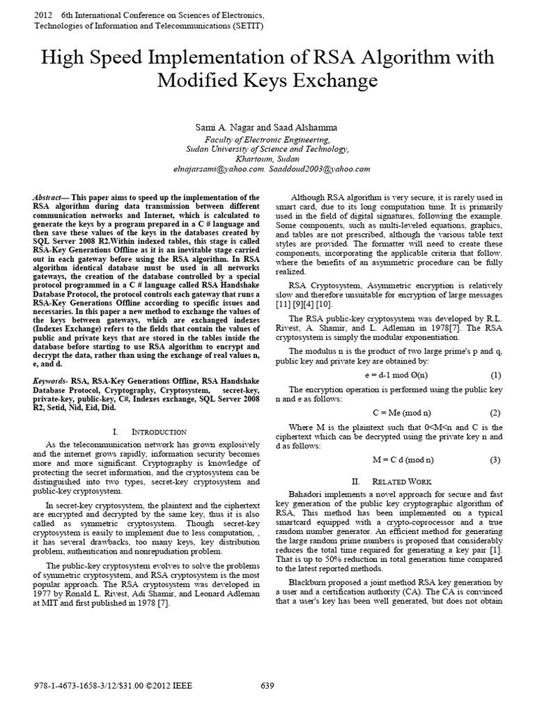 High Speed Implementation of RSA Algorithm | PDF | Public Key ...