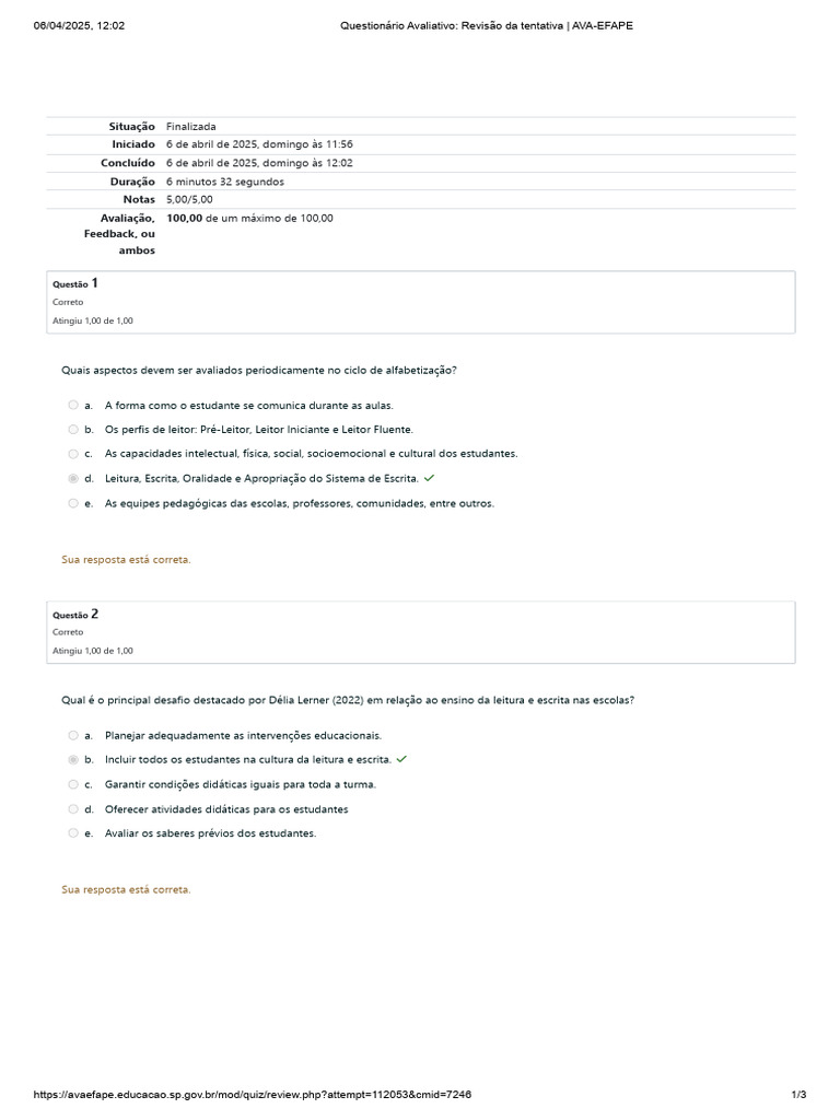 Questionário Avaliativo Afabetizando Juntos Módulo 1 Jane - AVA-EFAPE | PDF | Aprendizado ...