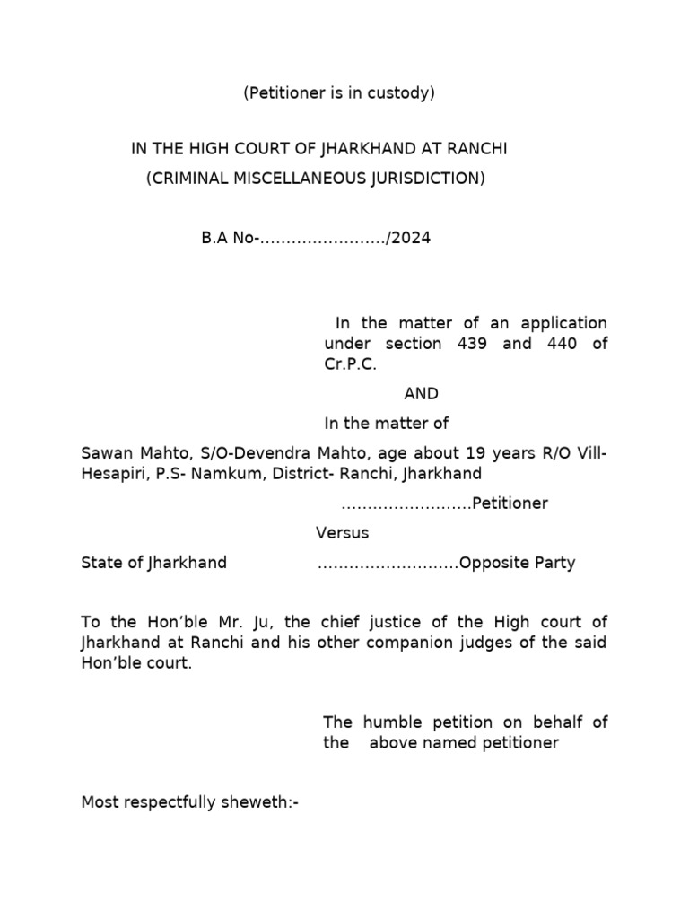 Bail Application For Sawan Mahto Pdf Bail Criminal Justice