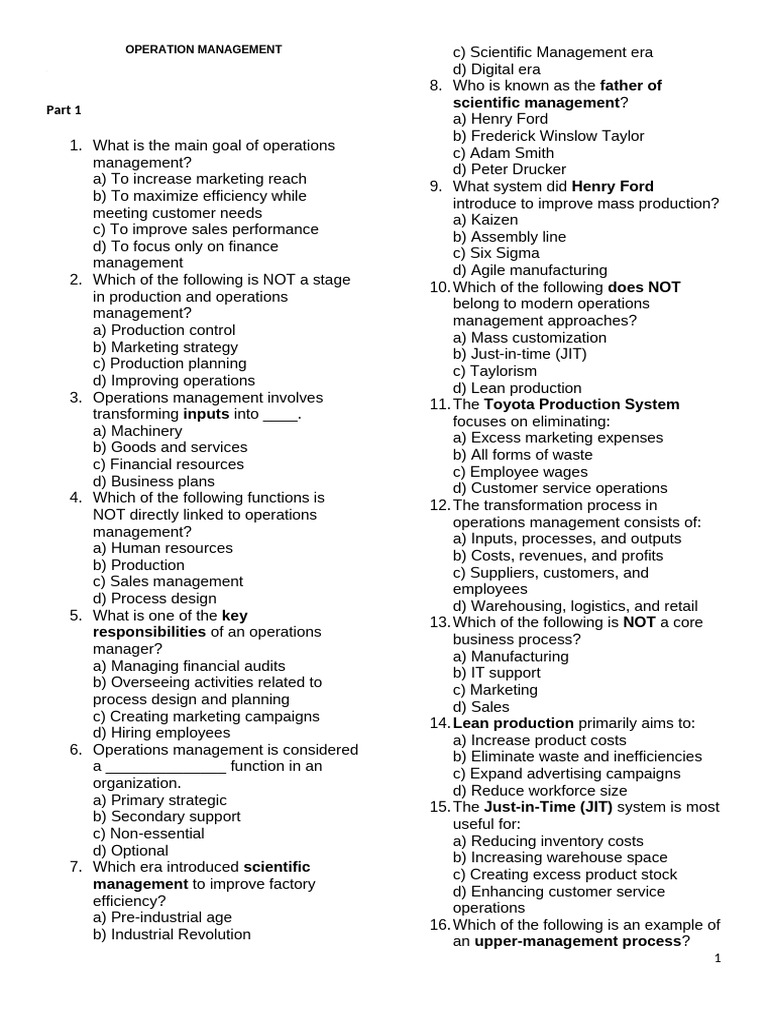 Operation Management Test Questionnaire Reviewer | PDF | Lean ...