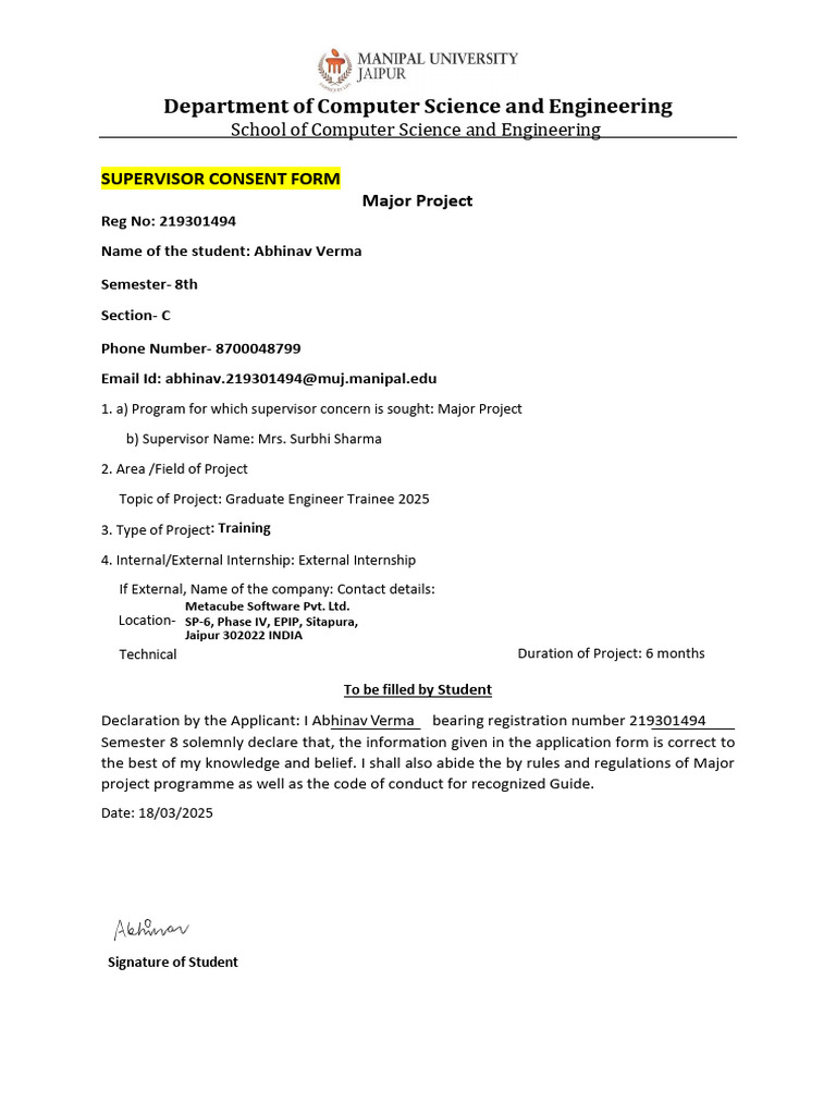 219301494_Abhinav_Verma_Supervisor Consent Form | PDF