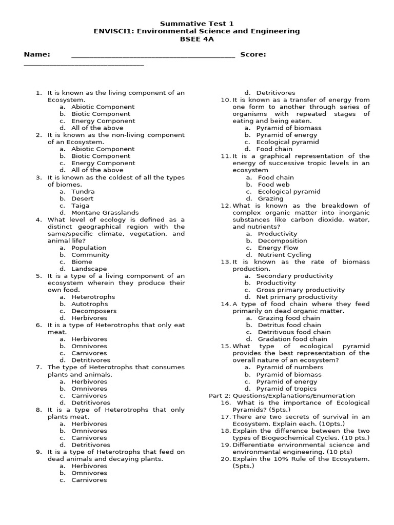 Summative Test 1 _ EE4A _EnviSci | PDF | Ecosystem | Ecology