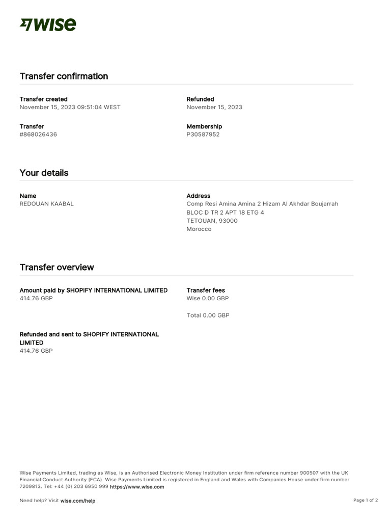 Wise Transaction Invoice Transfer 868026436 197 231127 095858 | PDF ...