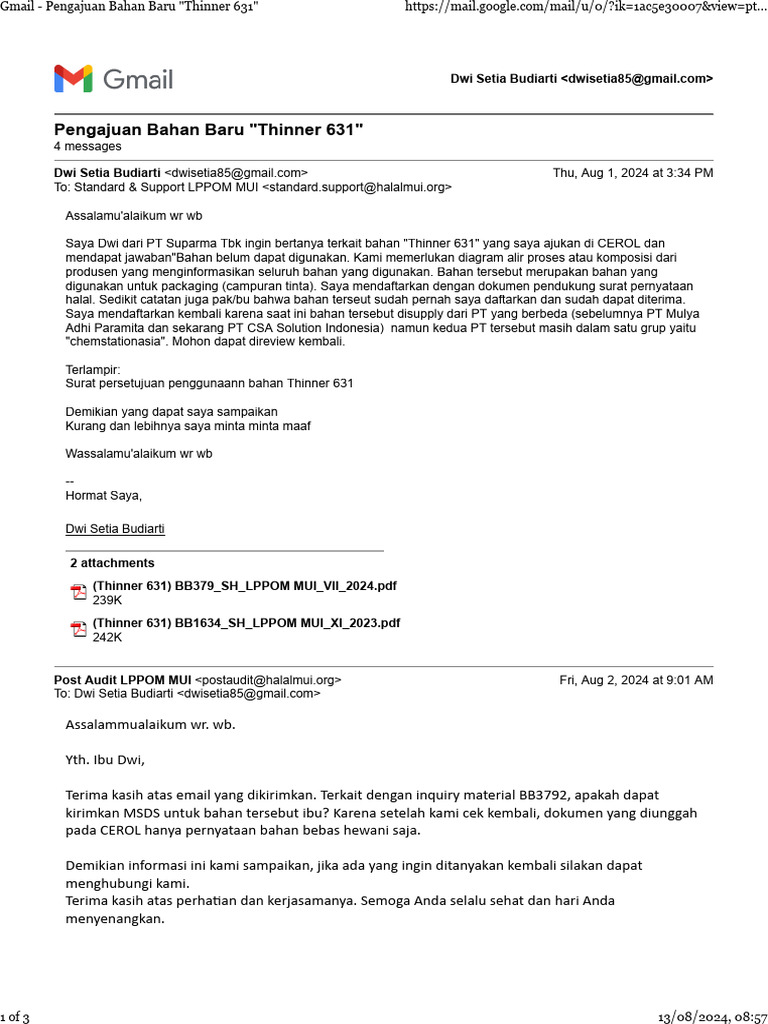 Gmail - Pengajuan Bahan Baru Thinner 631 | PDF