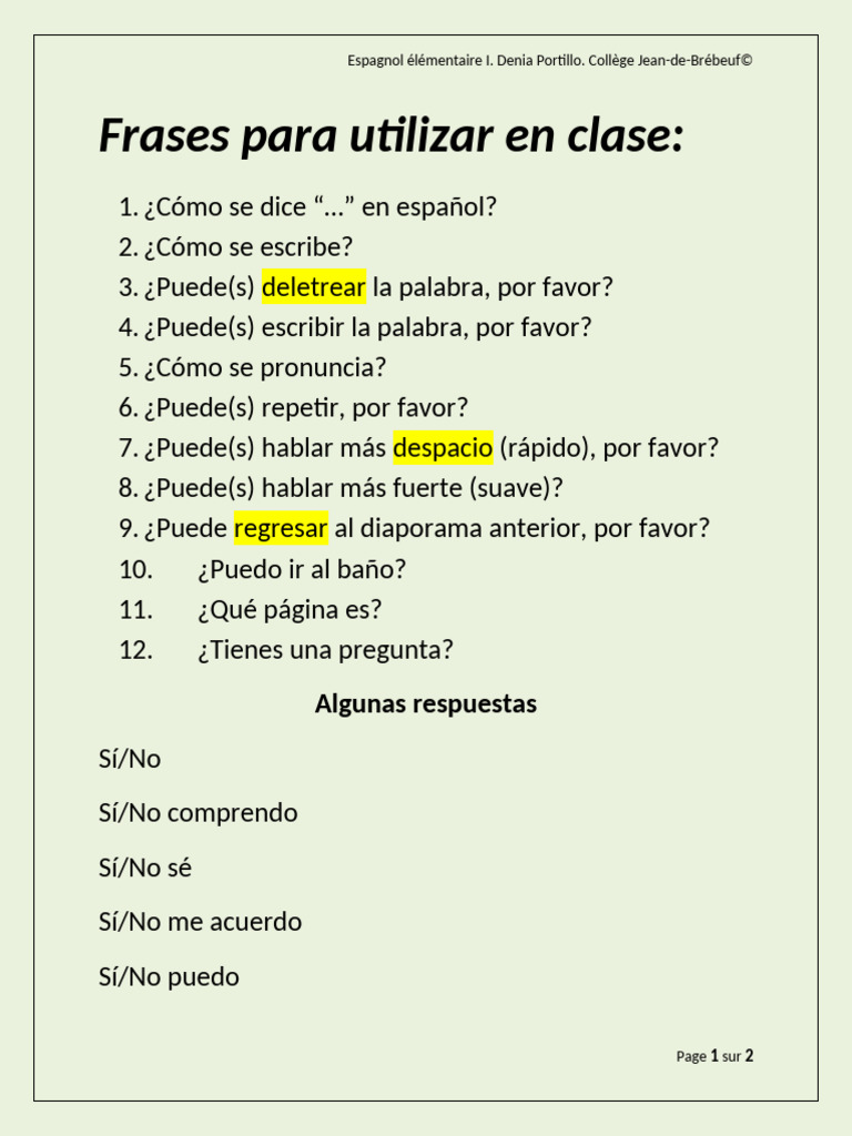 Frases útiles en español para clase | PDF
