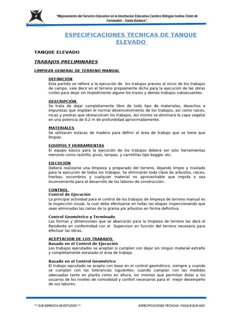 Especificaciones Tecnicas Tanque Elevado | PDF | Hormigón | Cemento