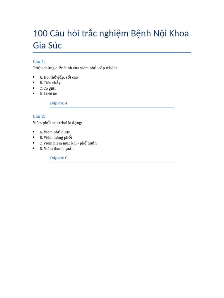 100 Cau Hoi Benh Noi Khoa Gia Suc | PDF