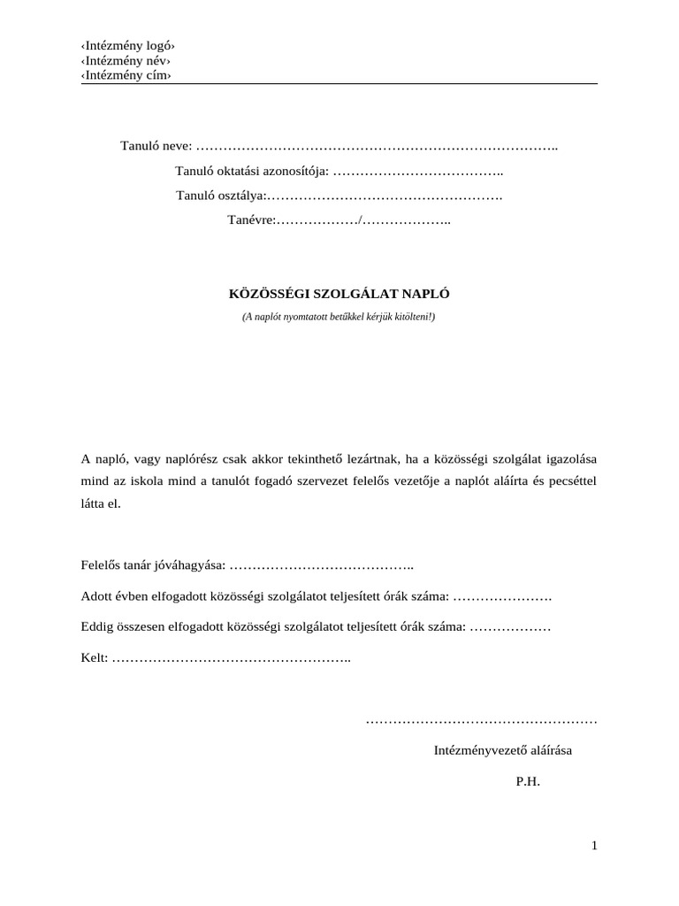 Sablon Form Kozossegi Szolg Naplo v300 | PDF
