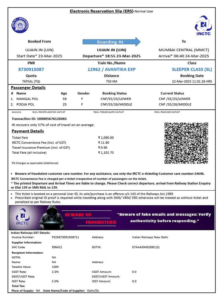 Avantika Exp Sleeper Class (SL) : Electronic Reservation Slip (ERS) | PDF | Identity Document