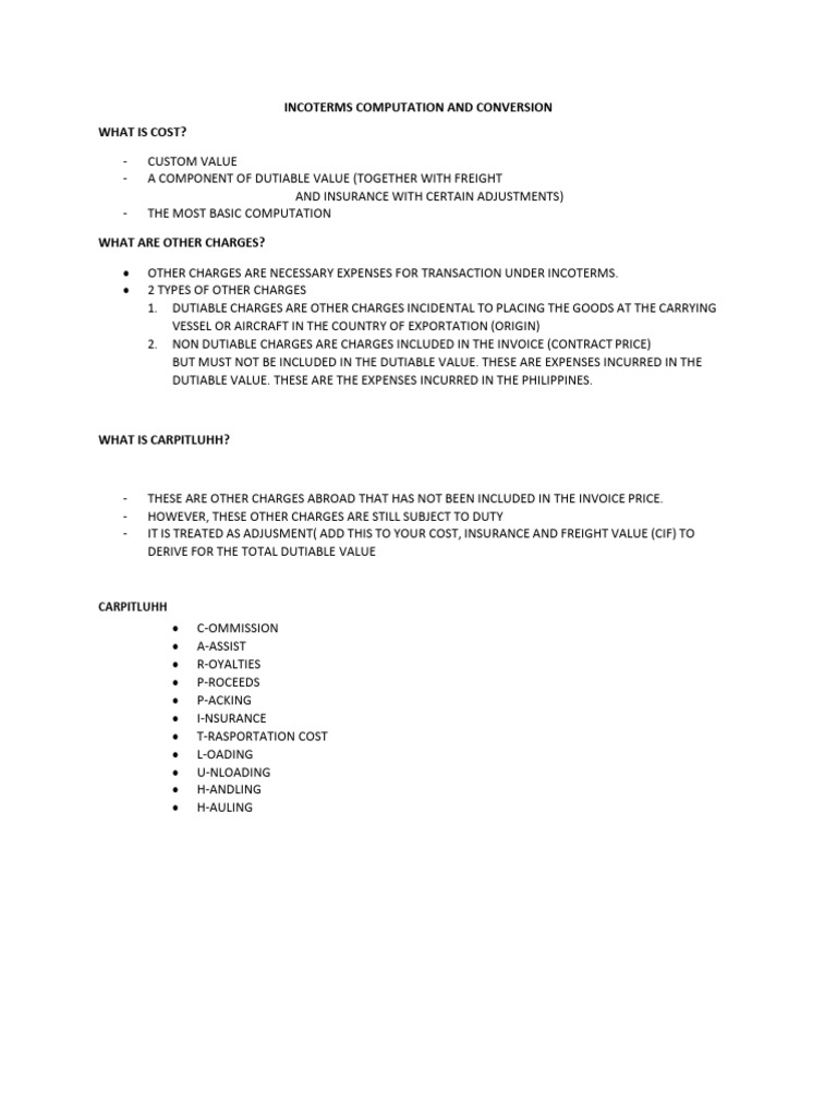 TOPIC 2. Basic Incoterm Computation Conversion Factor | PDF | Supply ...