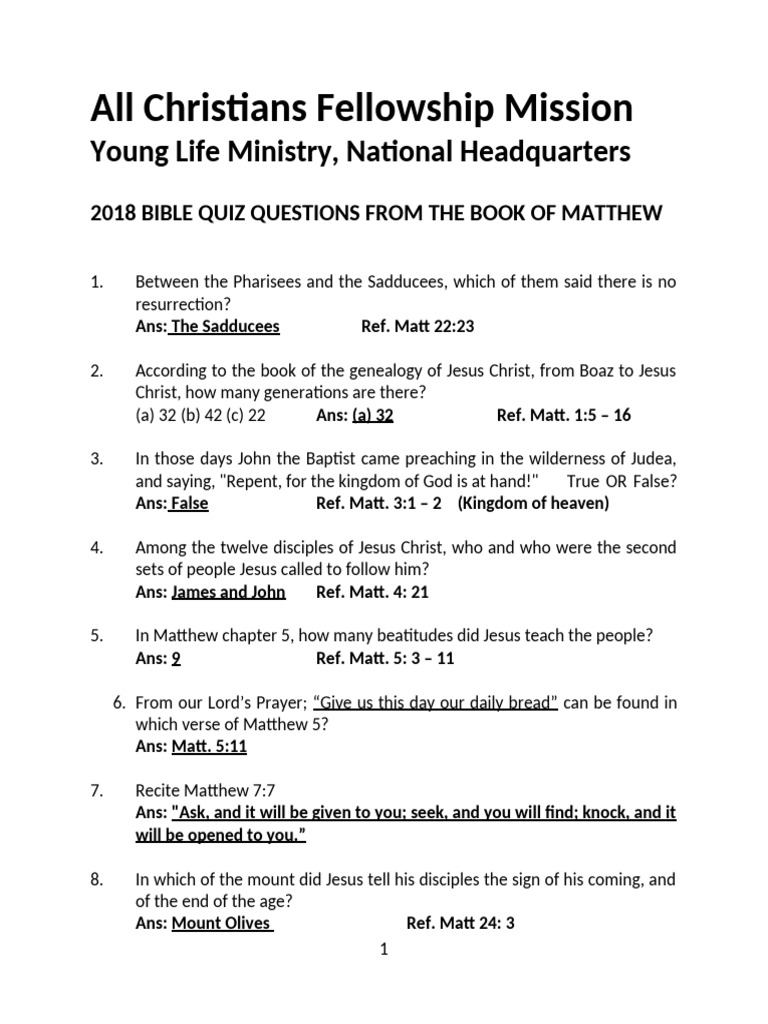 2018 Bible Quiz Questions From The Book of Matthew1 | PDF | Jesus ...