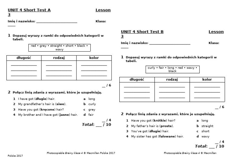 Brainy kl4 Short Tests Unit 4 Lesson 3 | PDF