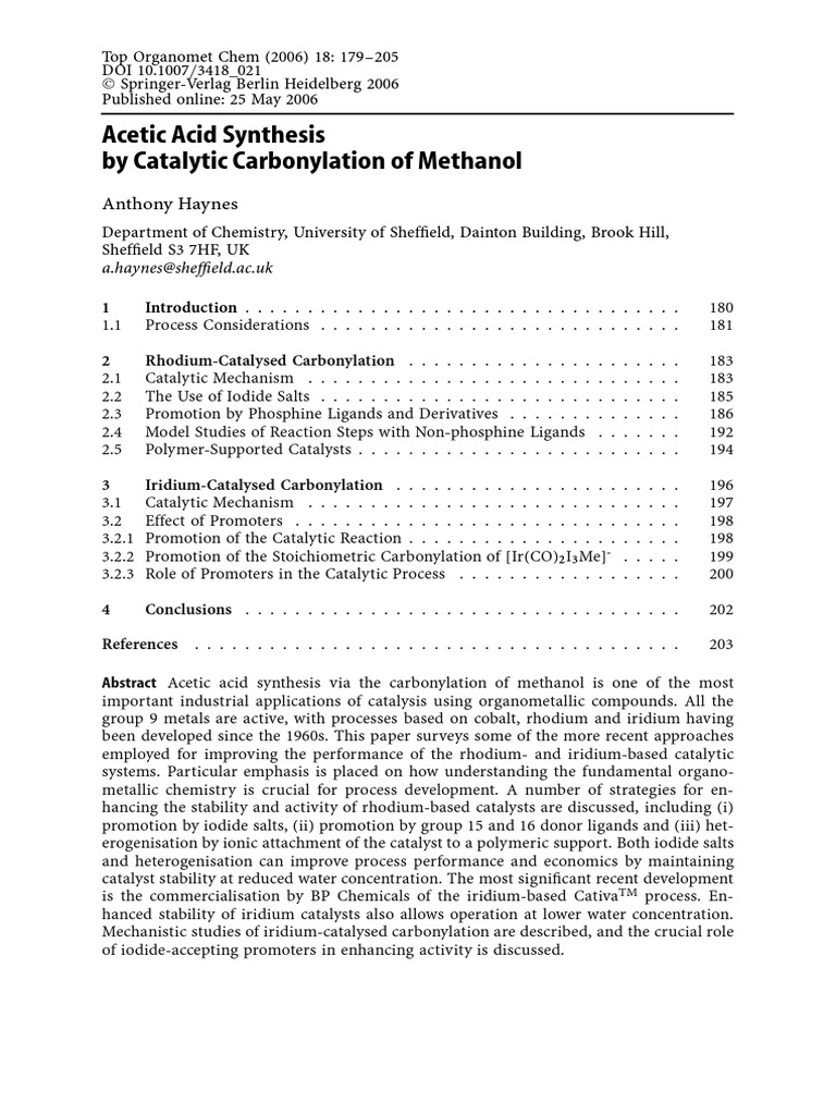 Acetic Acid Synthesis via Methanol Carbonylation | PDF | Acetic Acid ...