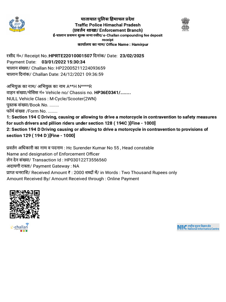 e-Challan Receipt for Himachal Traffic Violation | PDF