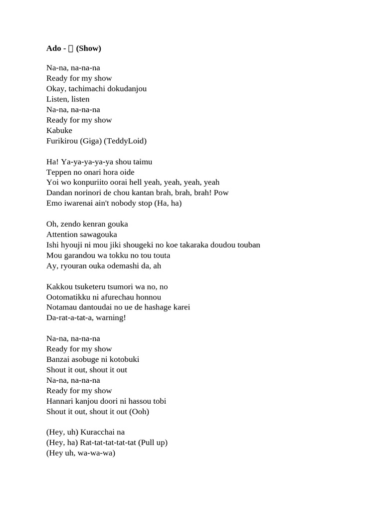Ado - Show Lyrics (Romanized) | PDF
