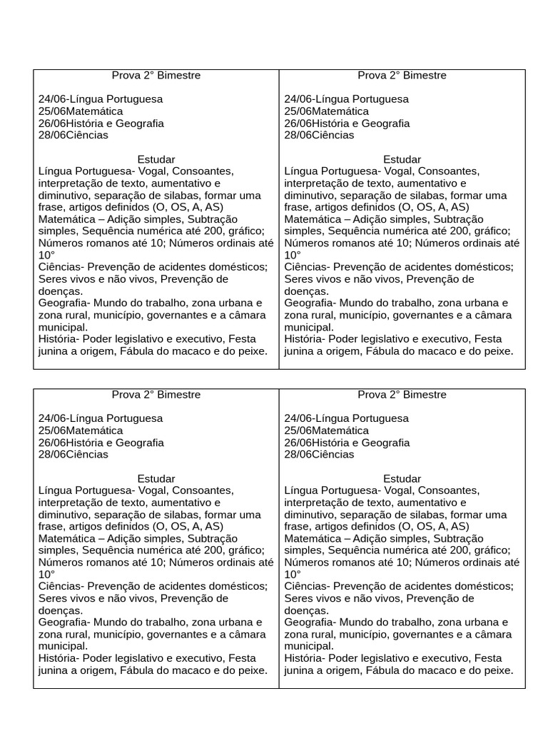2° Bimestre Bilhete de Provas | PDF
