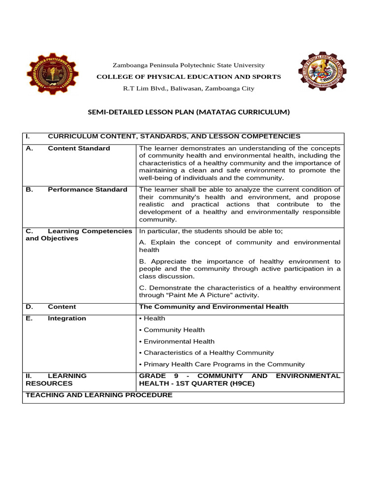 Semi-Detailed Lesson Plan: Community Health | PDF | Learning | Curriculum