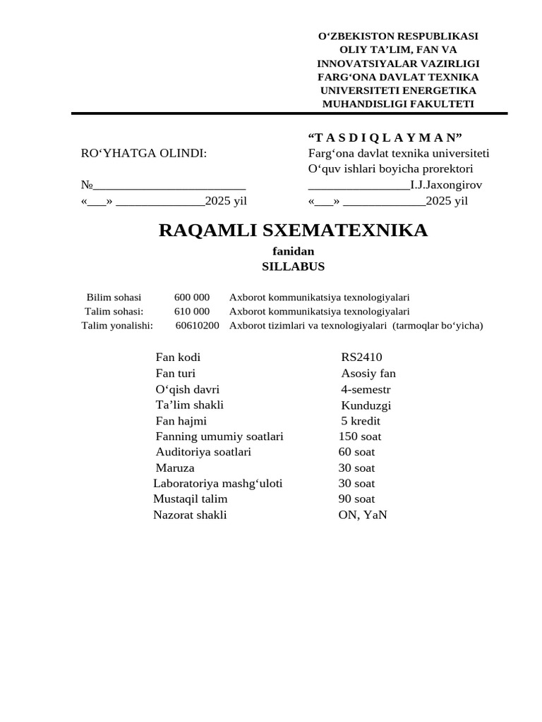 Raqamli Sxematexnika 2024-2025 Sillabus Bahorgi FDTU | PDF