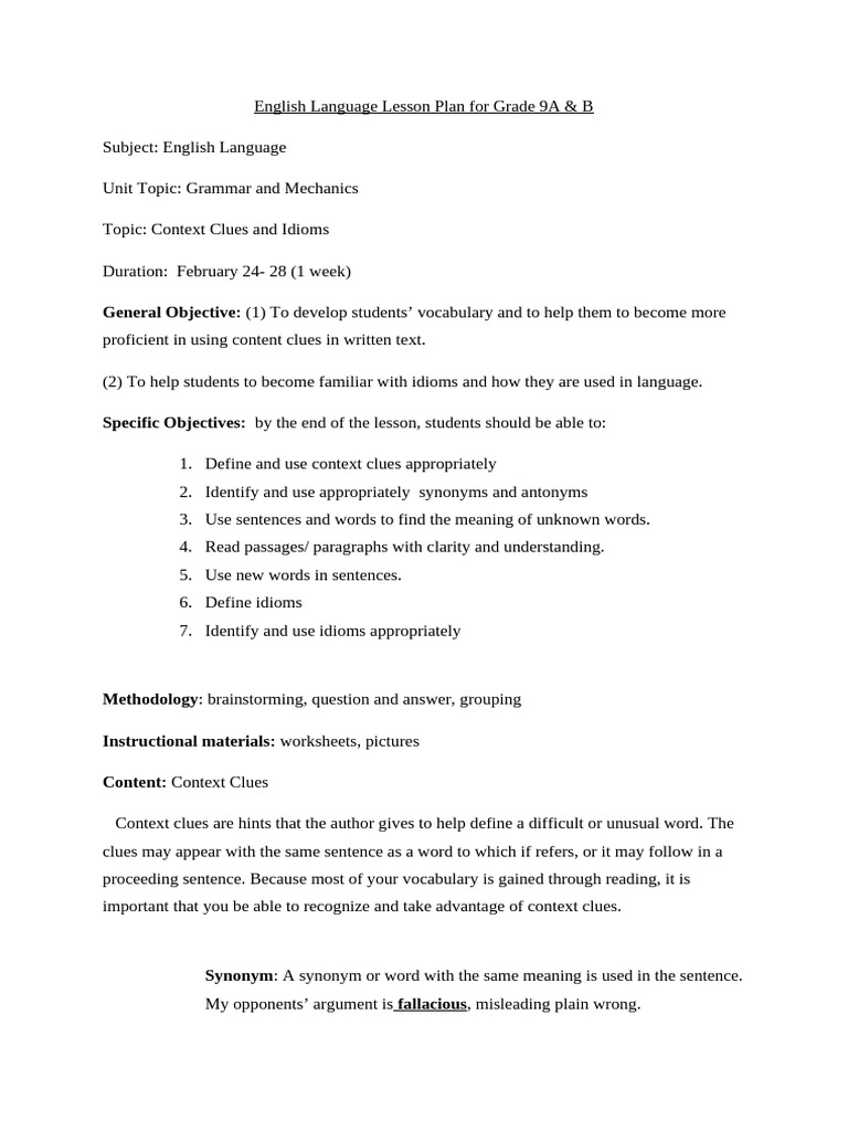 Context Clues and Idioms Lesson Plan | PDF | Idiom | Vocabulary