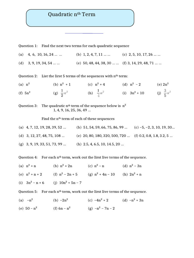 Quadratic Sequences and nth Terms Guide | PDF | Mathematics ...