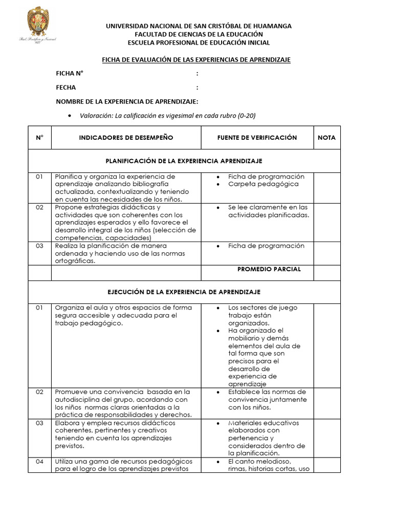 Ficha de Evaluación de Las Experiencias de Aprendizaje | PDF | Aprendizaje | Educación de la ...