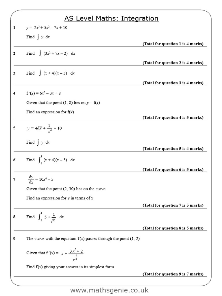 AS Level Maths Integration Problems | PDF | Integral | Equations