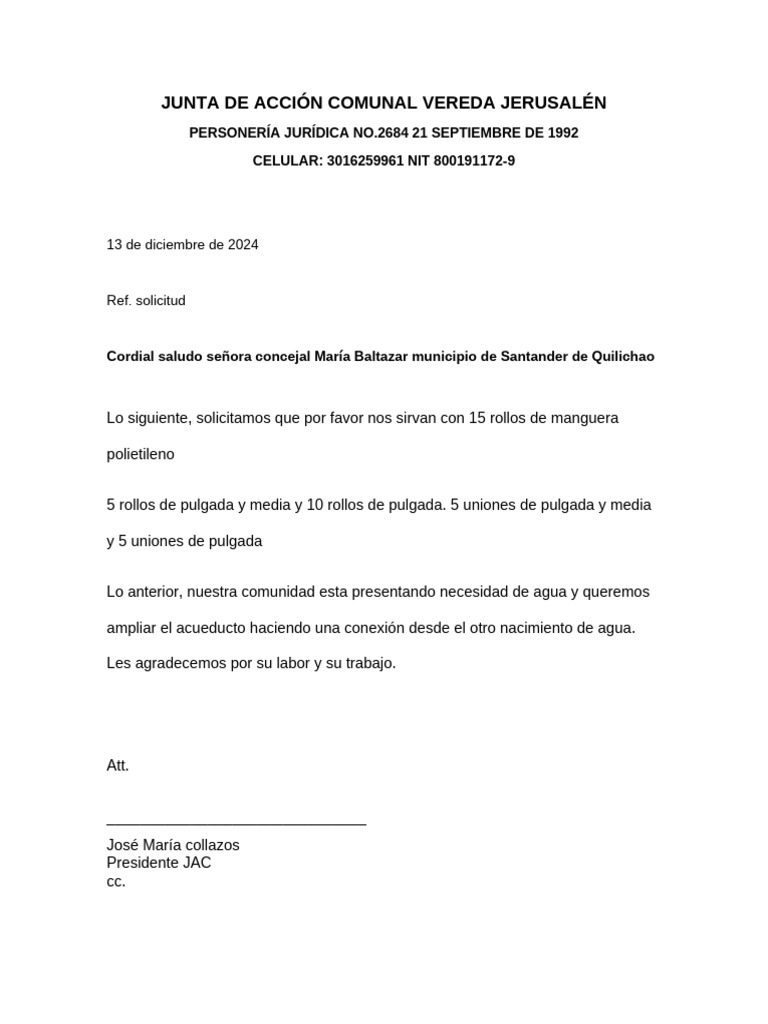 Junta de Acción Comunal Vereda Jerusalén Solicitud | PDF