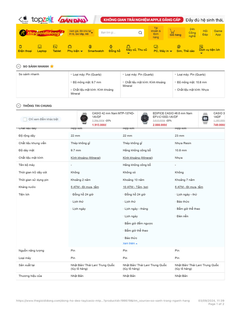 So sánh chi tiết Đồng hồ thời trang CASIO 42 mm Nam MTP-1374D-1AVDF với EDIFICE | PDF