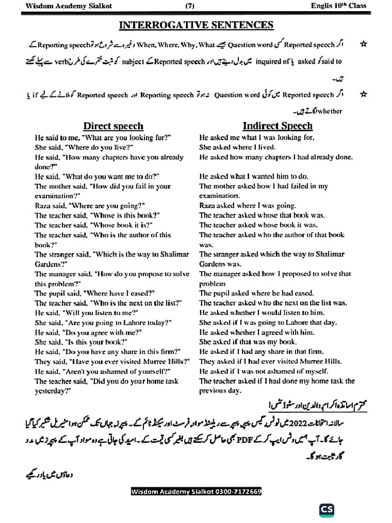 Direct Indirect Speech 10th Class | PDF