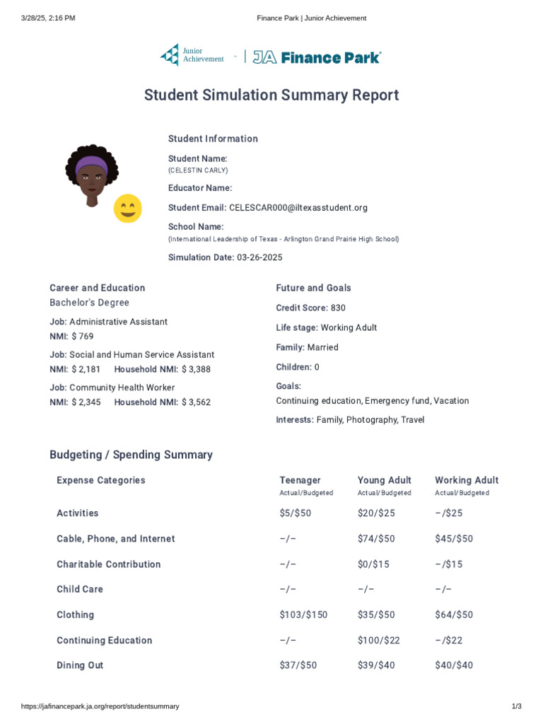 Finance Park - Junior Achievement | PDF | Loans | Economies