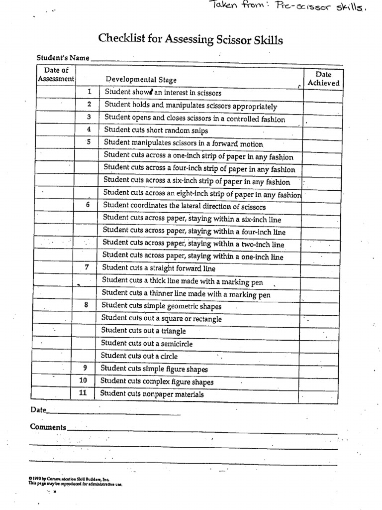 Checklist For Assessing Scissor Skills | PDF