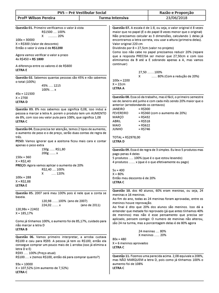 PVS 02 - Intensivo - Porcentagem [GAB] | PDF