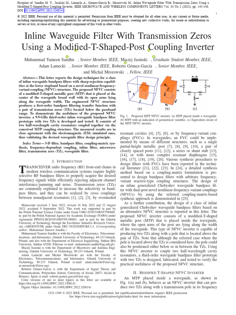 Inline Waveguide Filter With Transmission Zeros Using A Modified T Shaped Post Coupling Inverter ...