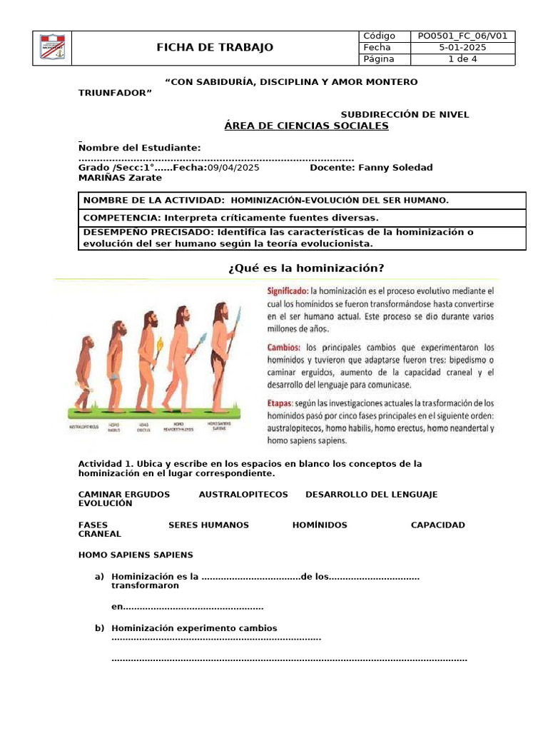 Ficha La Hominización 1°CCSS | PDF | Evolución humana | Humano