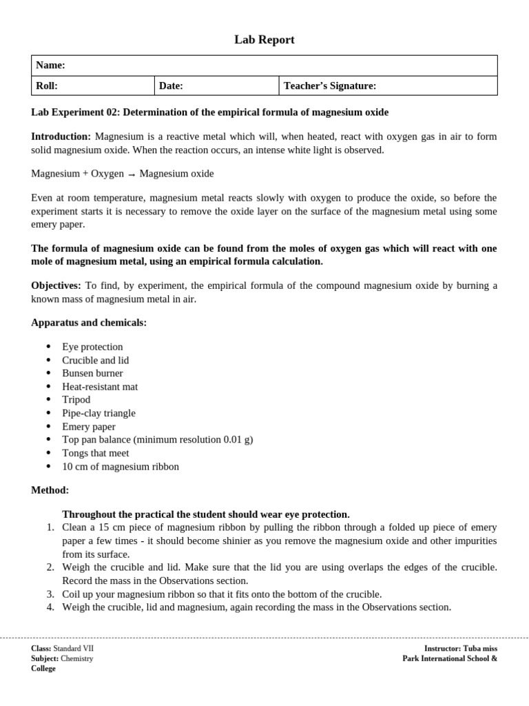 Empirical Formula of Magnesium Oxide | PDF | Magnesium | Oxide