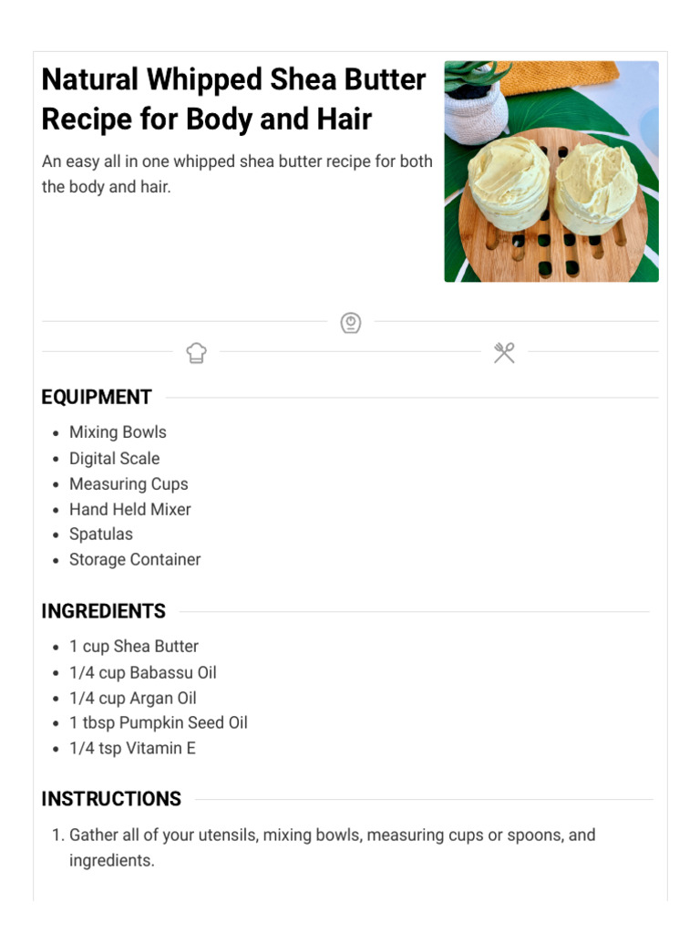 Natural Whipped Shea Butter Recipe For Body and Hair | PDF