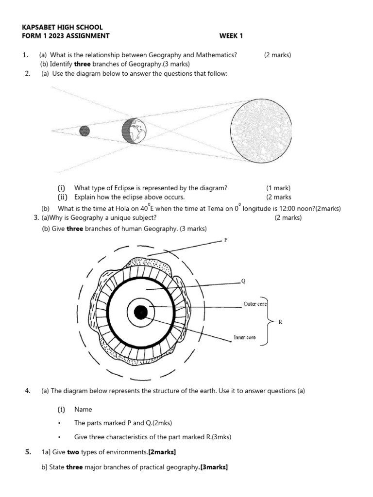 WEEK 1 Assignments - Form 1 - Geography | PDF
