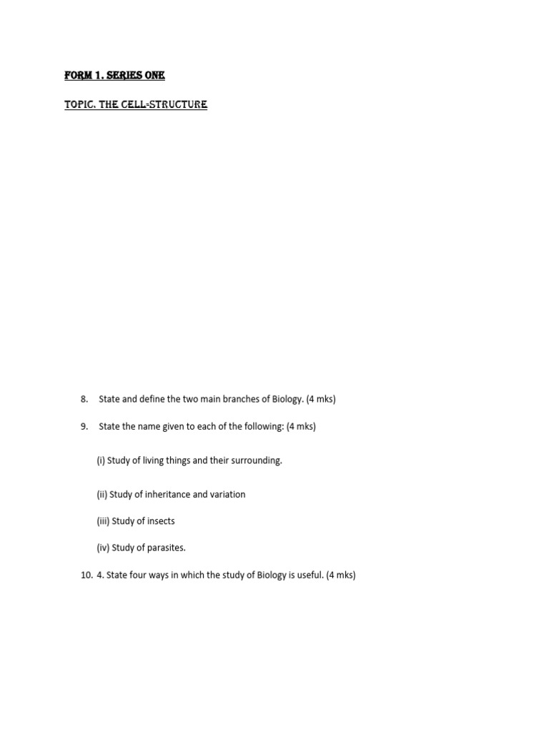 THE CELL-CELL STRUCTURE Assignments - Form 1 - Biology | PDF
