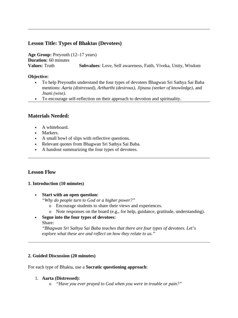 Lesson Plan Types of Devotees 11 | PDF | Prayer | Wisdom