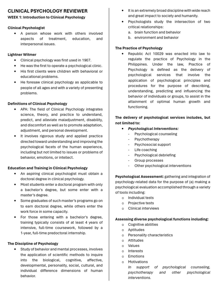 ClinicalPsychologyReviewer | PDF | Clinical Psychology | Psychotherapy