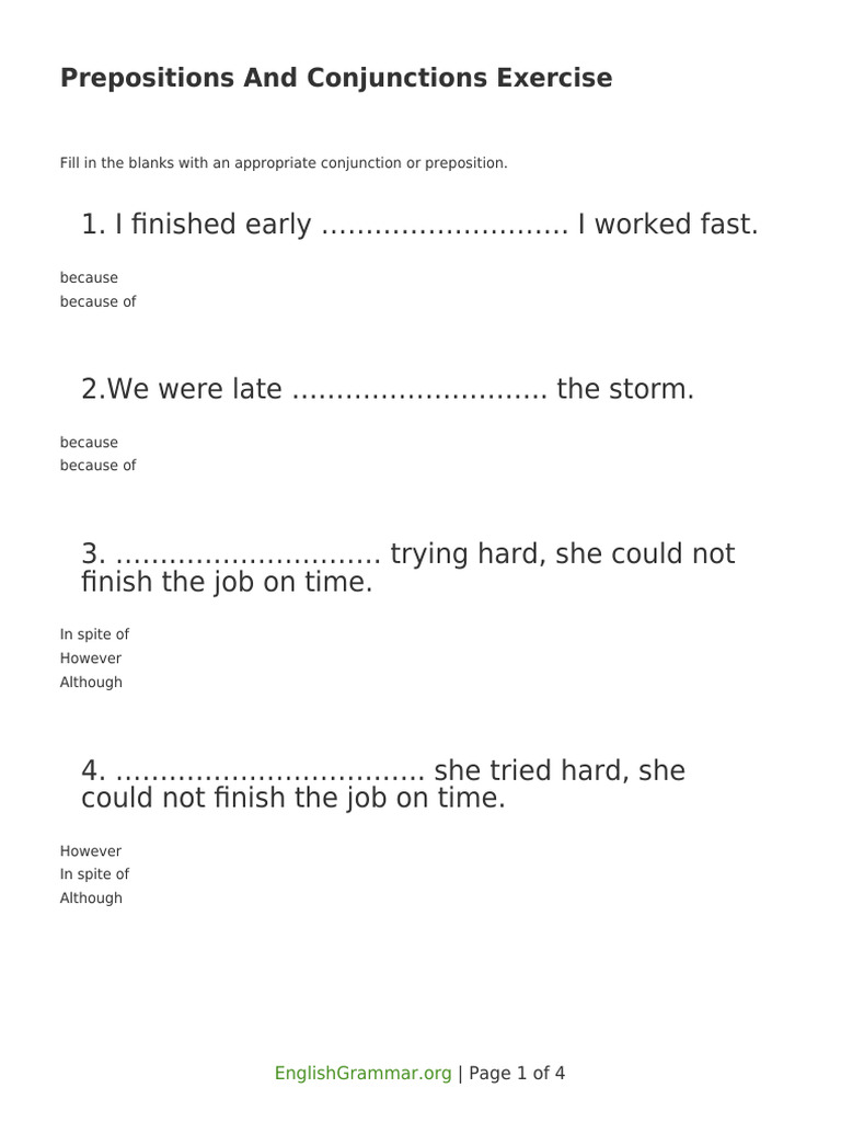 Prepositions and Conjunctions Exercise | PDF