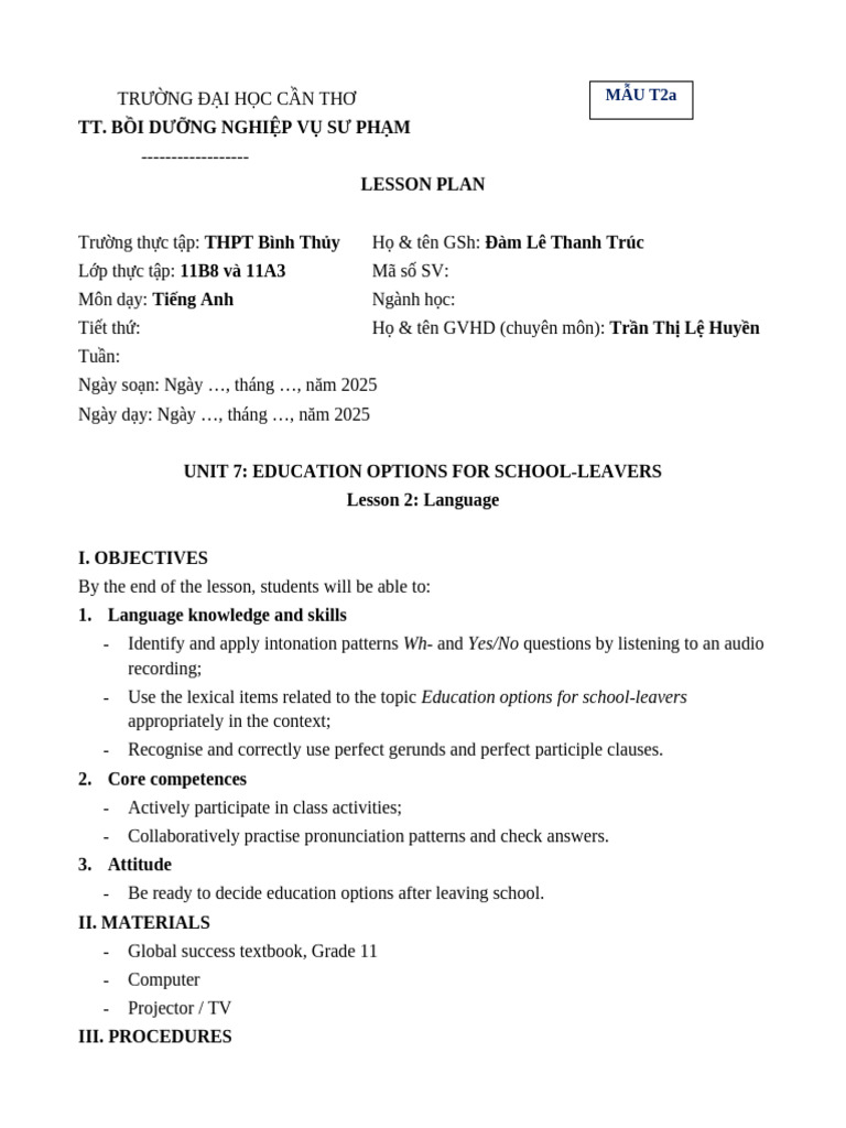 Lesson Plan U7 L2 Language | PDF | Verb | Semantic Units