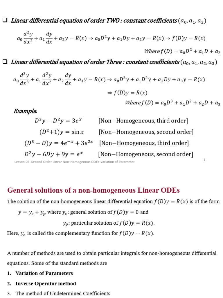 Lecture 08 Higher Order Linear Odes Variation Of Parameters Pdf